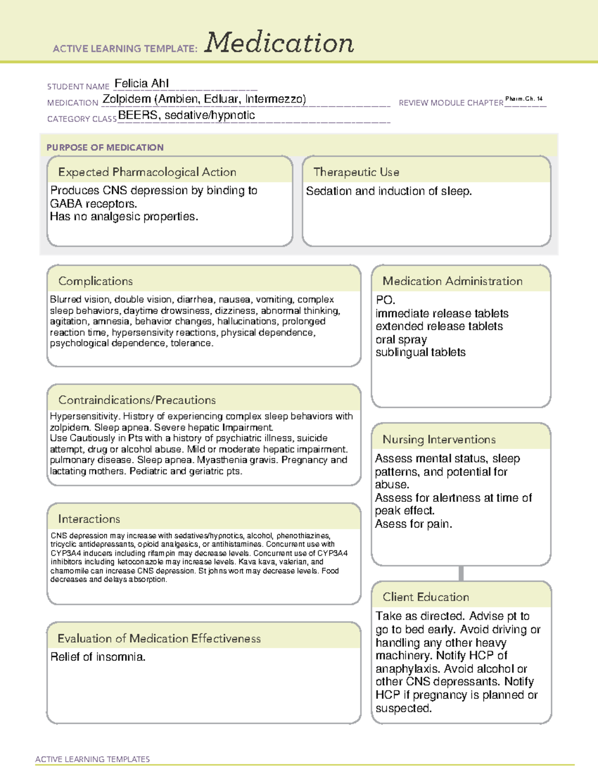 Zolpidem (Ambien, Edluar, Intermezzo) - Ch. 14 BEERS, sedative/hypnotic ...