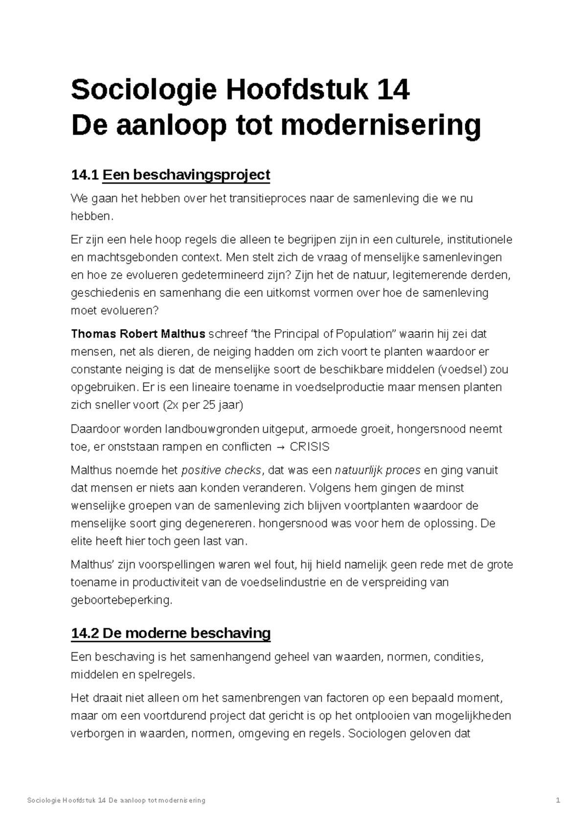 Hoofdstuk 14 - samenvatting - Sociologie Hoofdstuk 14 De aanloop tot modernisering 14 Een - Studocu
