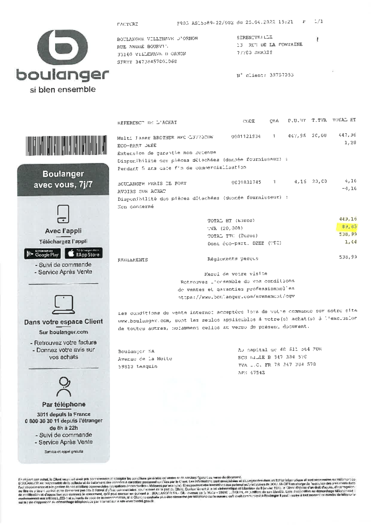 3051 002 - NOTAS - FACTURE F905 du 25.04 15:21 P BOULANGER VILLENAVE SERENIVEILLE RUE ANDRE ...