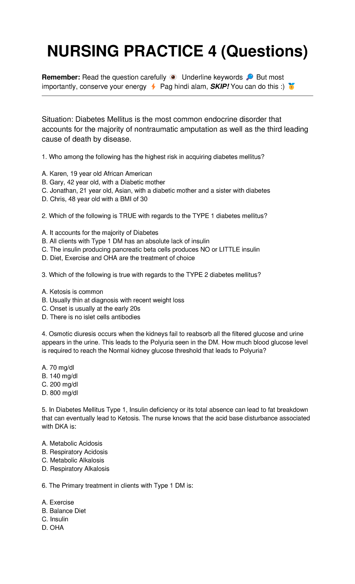 NP4 - Practice question - NURSING PRACTICE 4 (Questions) Remember: Read ...