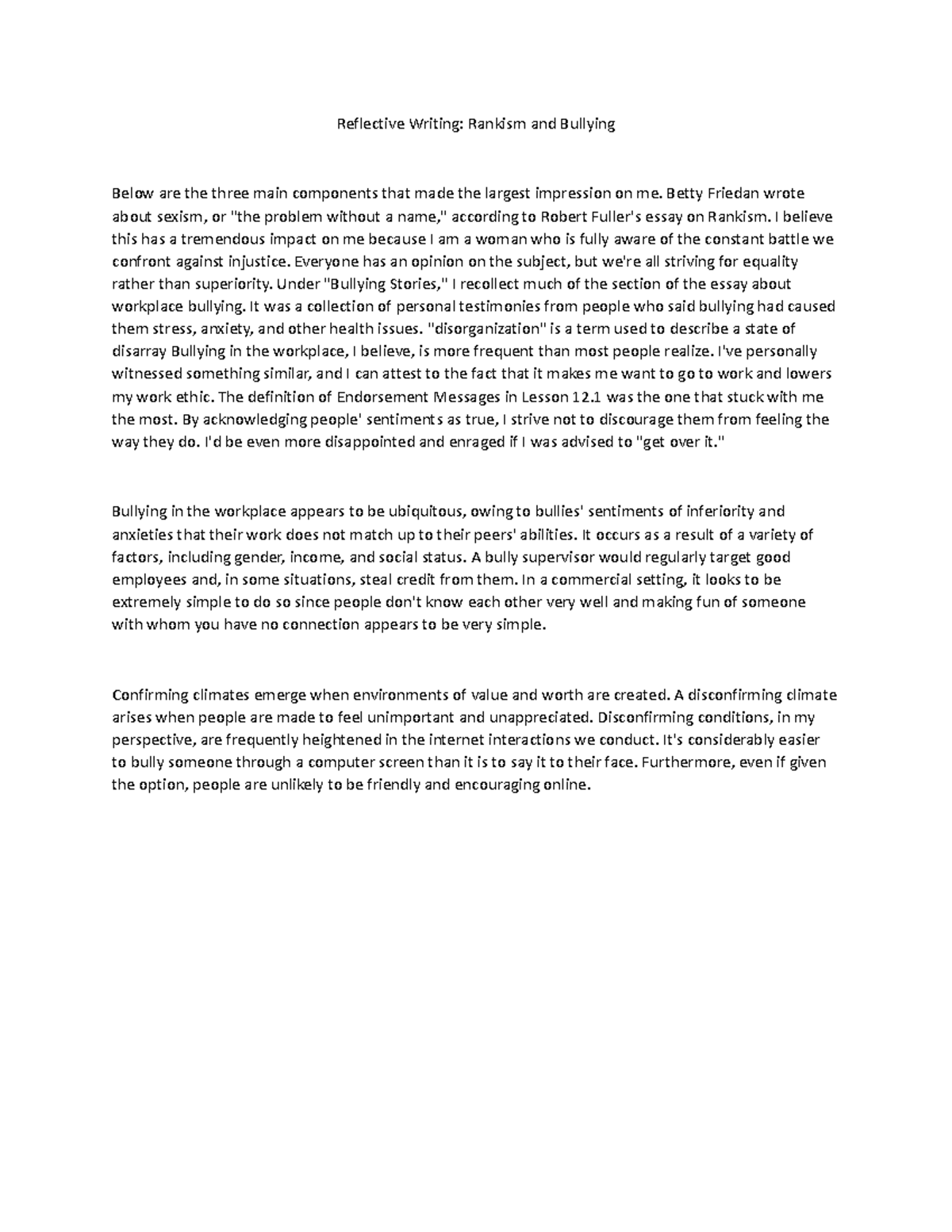 COM 105 Reflective Writing Rankism and Bullying - Reflective Writing ...