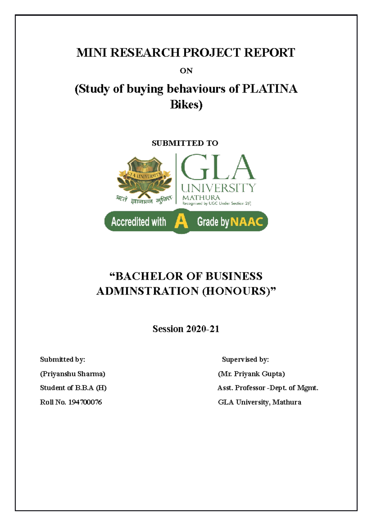 MINI Research Project Report RPR - MINI RESEARCH PROJECT REPORT ON ...