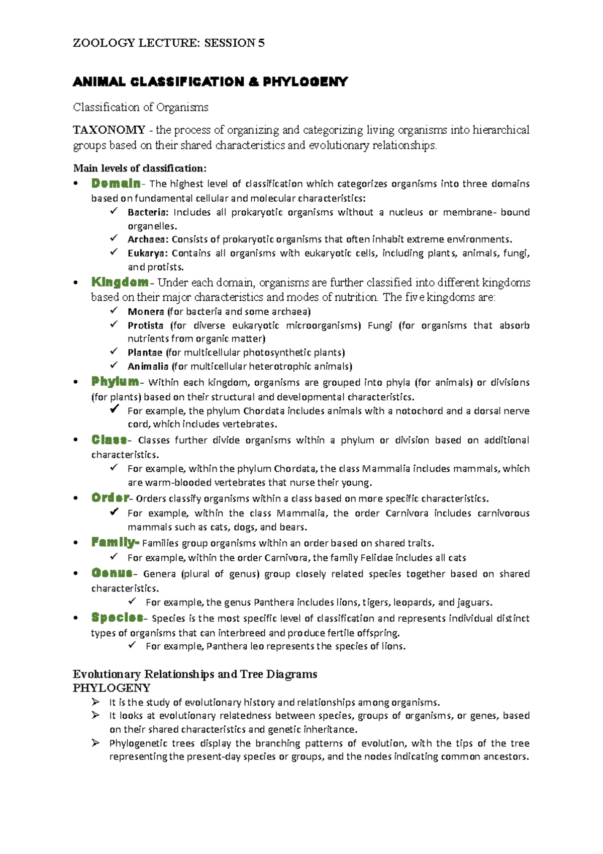 Session 5 - Zoology - ZOOLOGY LECTURE: SESSION 5 ANIMAL CLASSIFICATION ...