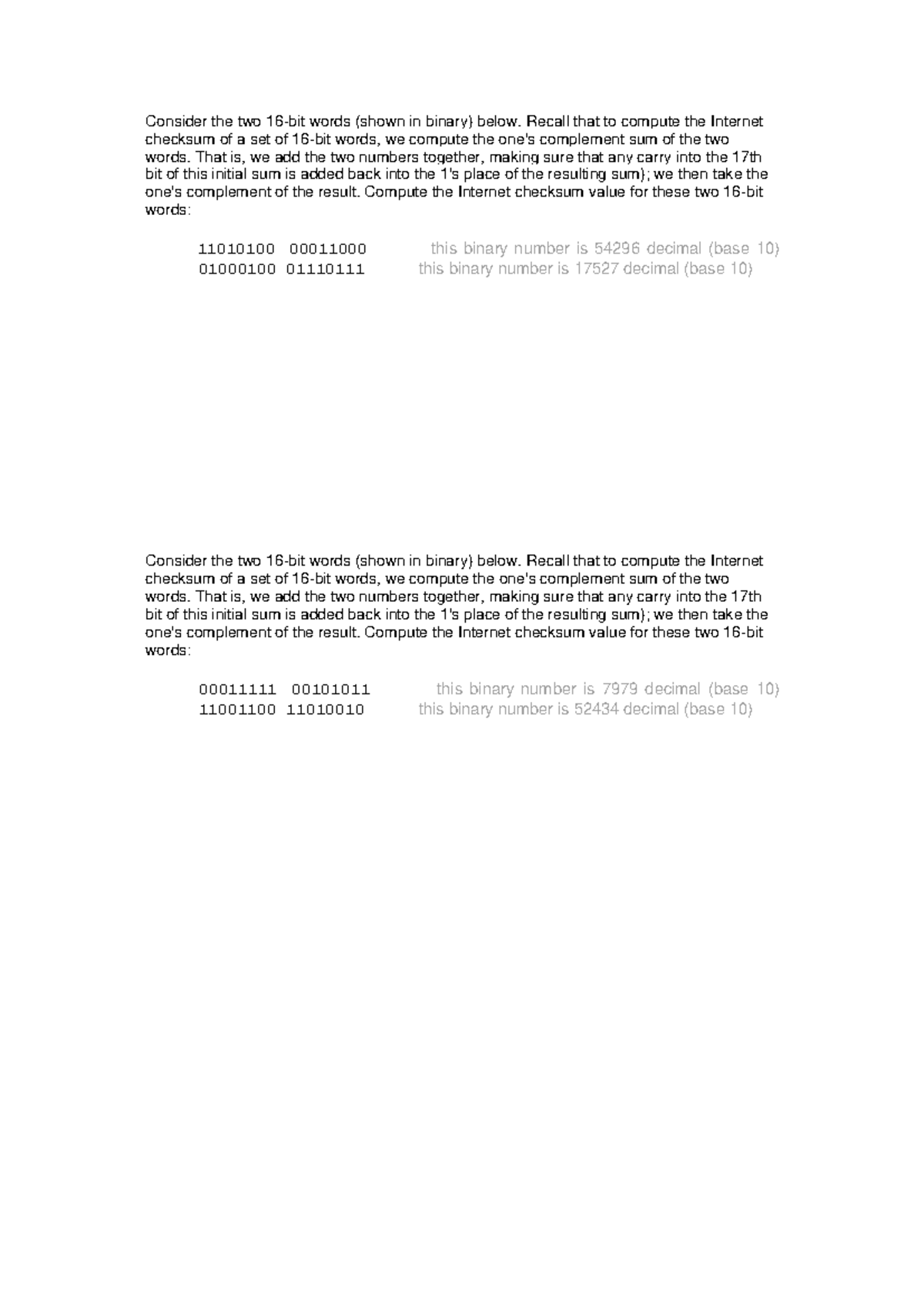 Checksum - hgfhgfh nrthtrh rtgrt - Consider the two 16-bit words (shown ...