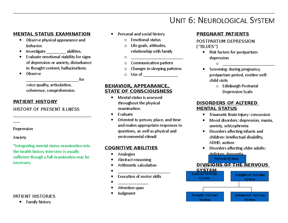 Unit 6. Neurological System - MENTAL STATUS EXAMINATION Observe ...