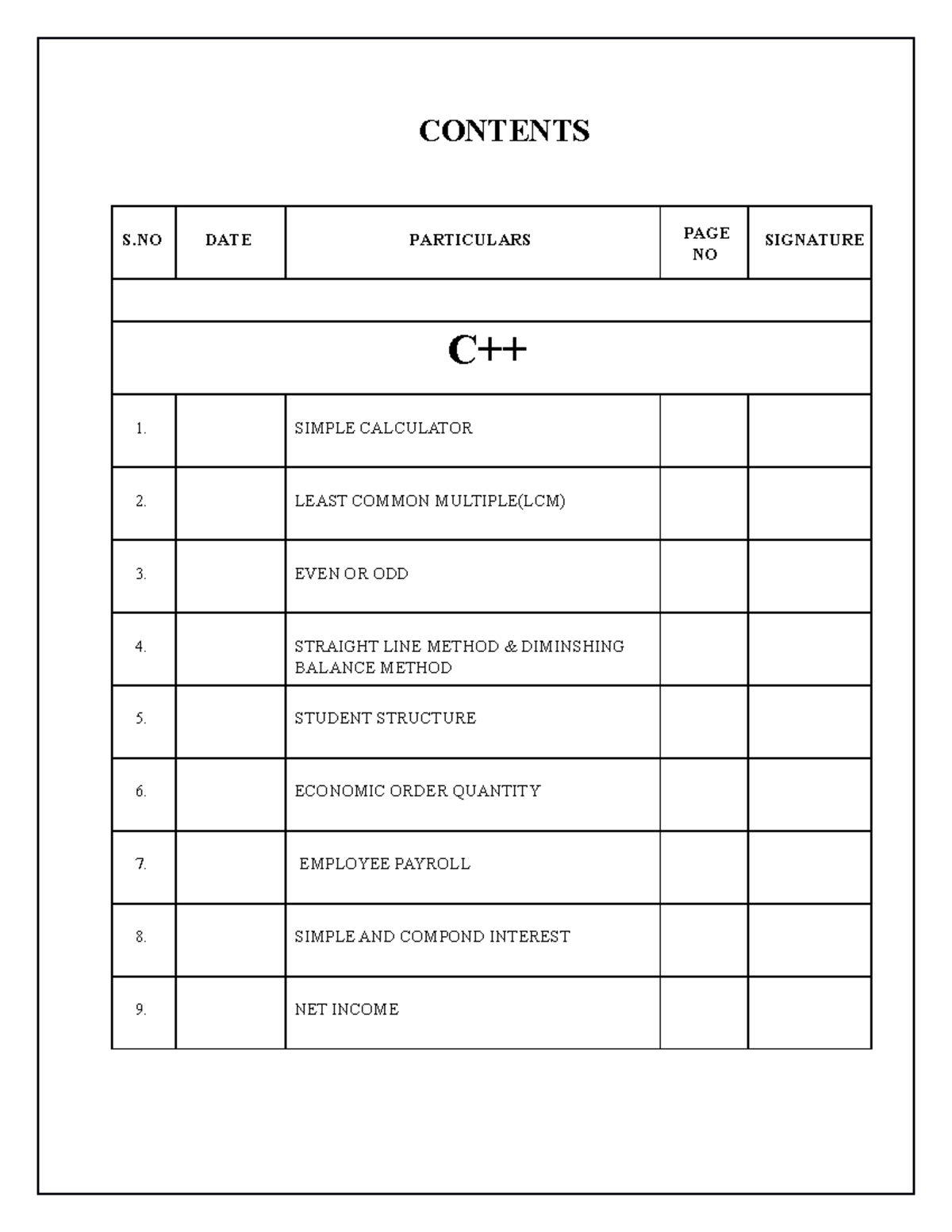 MG C++ - Program - CONTENTS S DATE PARTICULARS PAGENO SIGNATURE C++ SIMPLE CALCULATOR LEAST ...