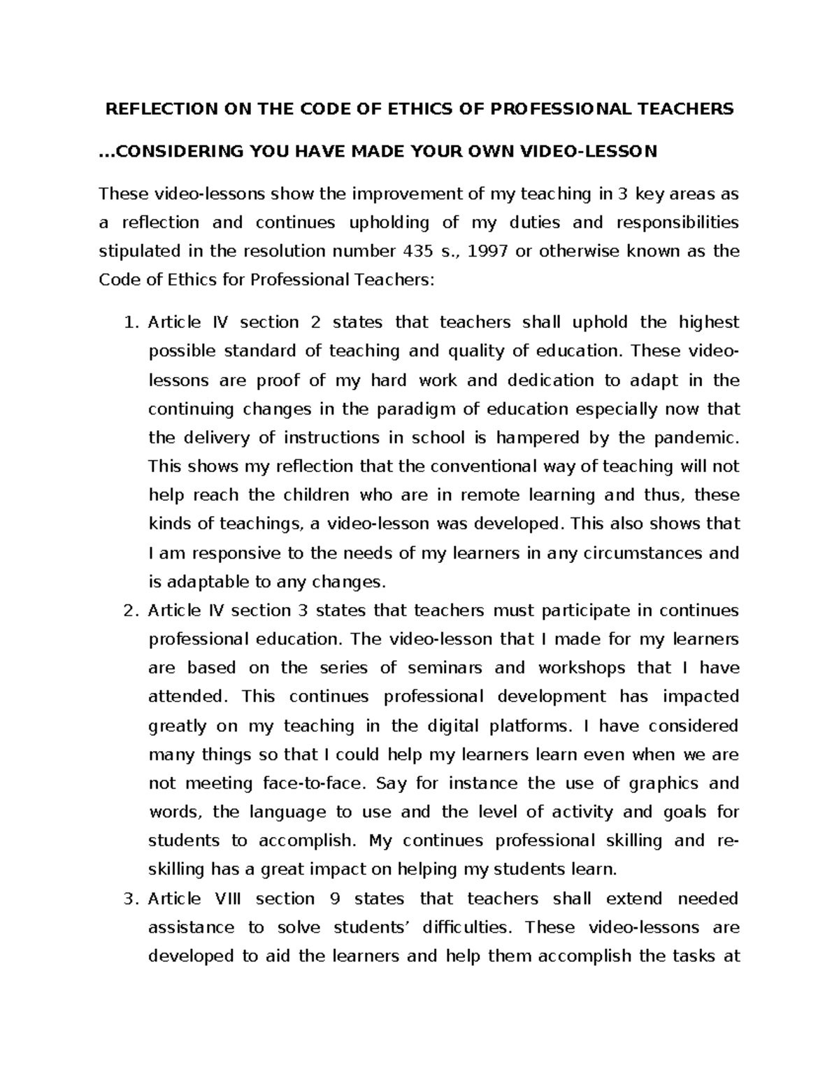 Reflection ON THE CODE OF Ethics OF Professional Teachers - REFLECTION ...