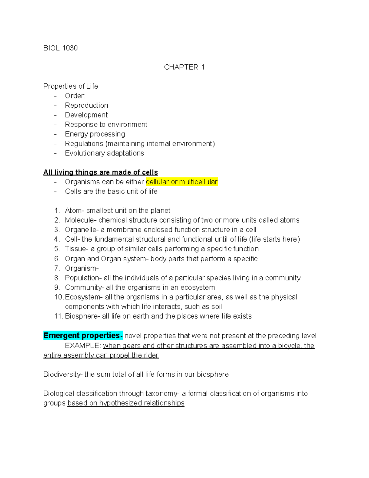 BIOL 103 0 Chapter 1 - BIOL 1030 CHAPTER 1 Properties of Life - Order: - Reproduction ...