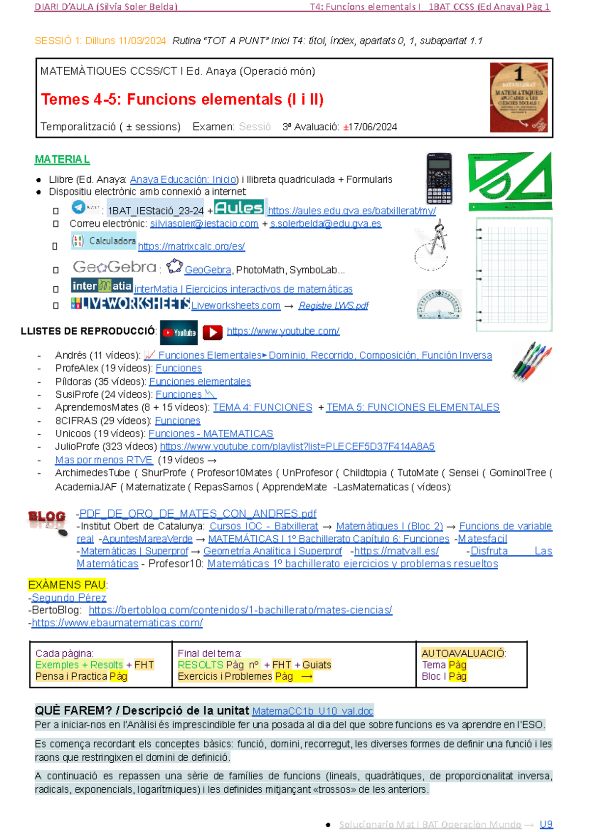 T4-5 Borrador Funcions elementals. 1BAT - SESSIÓ 1: Dilluns 11/03/2024 Rutina “TOT A PUNT” Inici ...