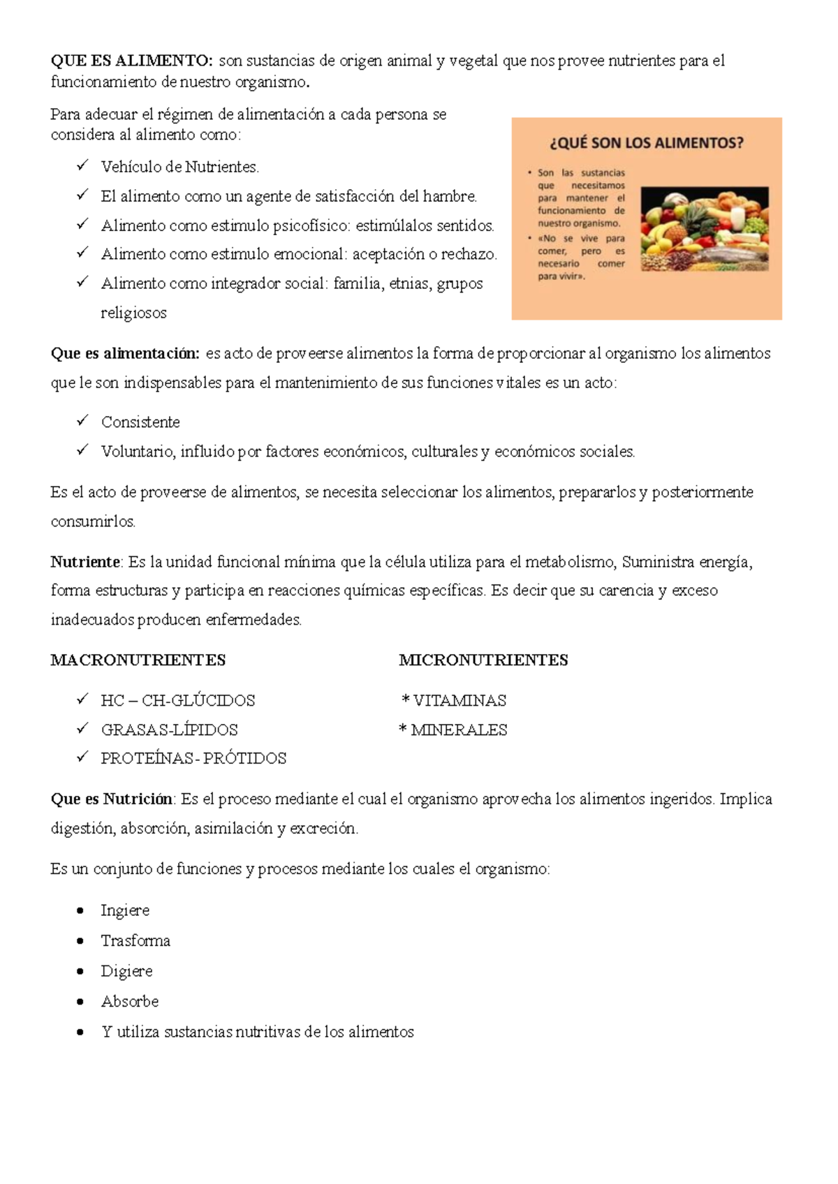 Resumen Nutricion Basica - QUE ES ALIMENTO: son sustancias de origen ...