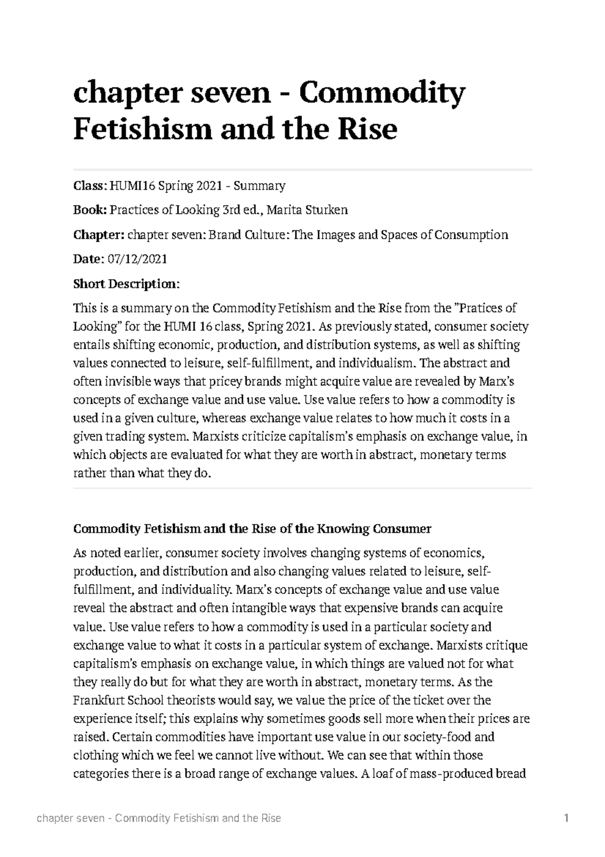 Chapter seven - Commodity Fetishism and the Rise - chapter seven ...