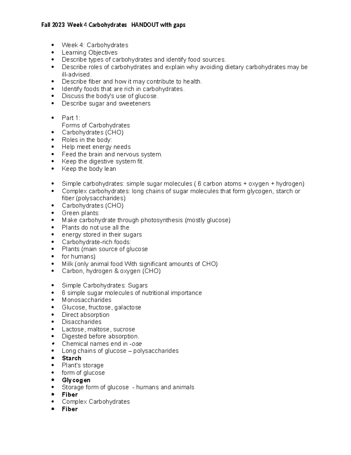 Fall 2023 Week 4 Carbohydrates Handout with gaps - Week 4 ...