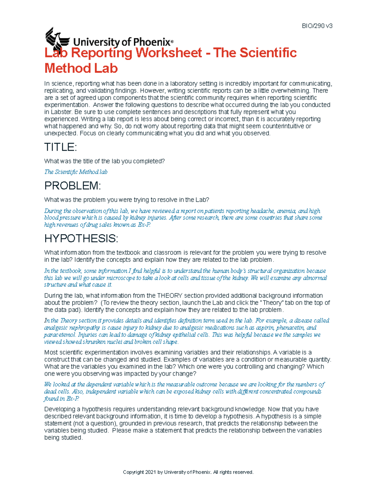 bio290 v3 wk1 the scientific method lab - BIO/290 v Lab Reporting ...