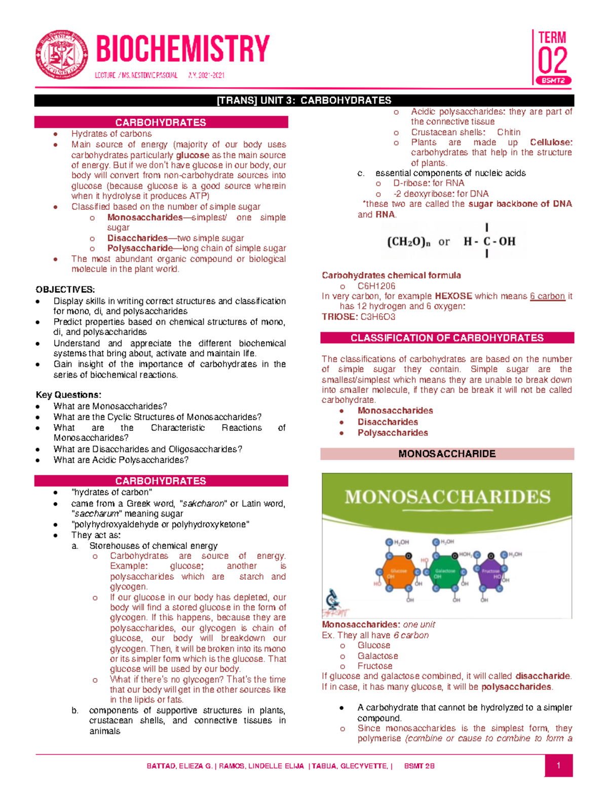 L3 Biochem-L - lecture - [TRANS] UNIT 3: CARBOHYDRATES CARBOHYDRATES ...