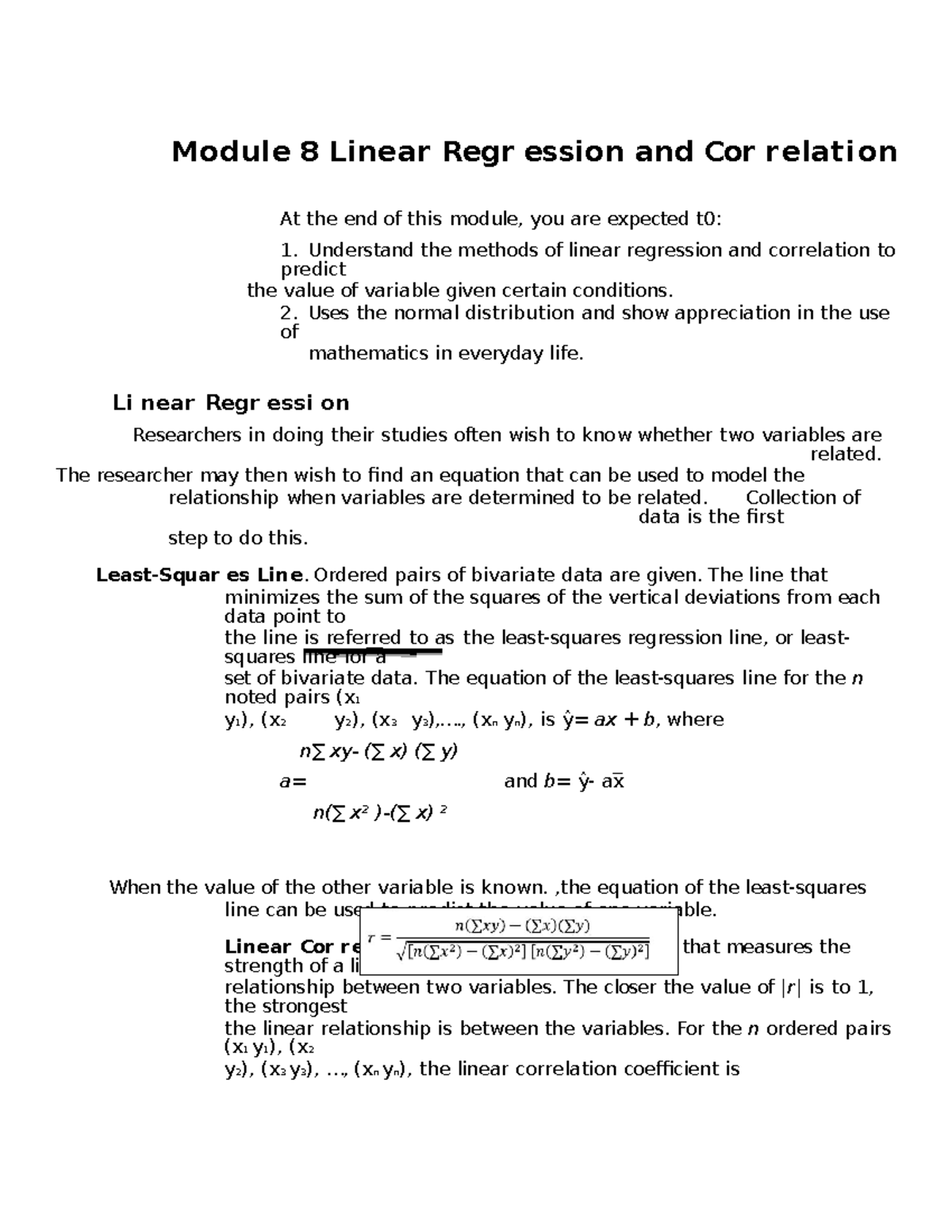 W8-9 Module 008 Linear Regression and Correlation - Module 8 Linear Regr ession and Cor r ...