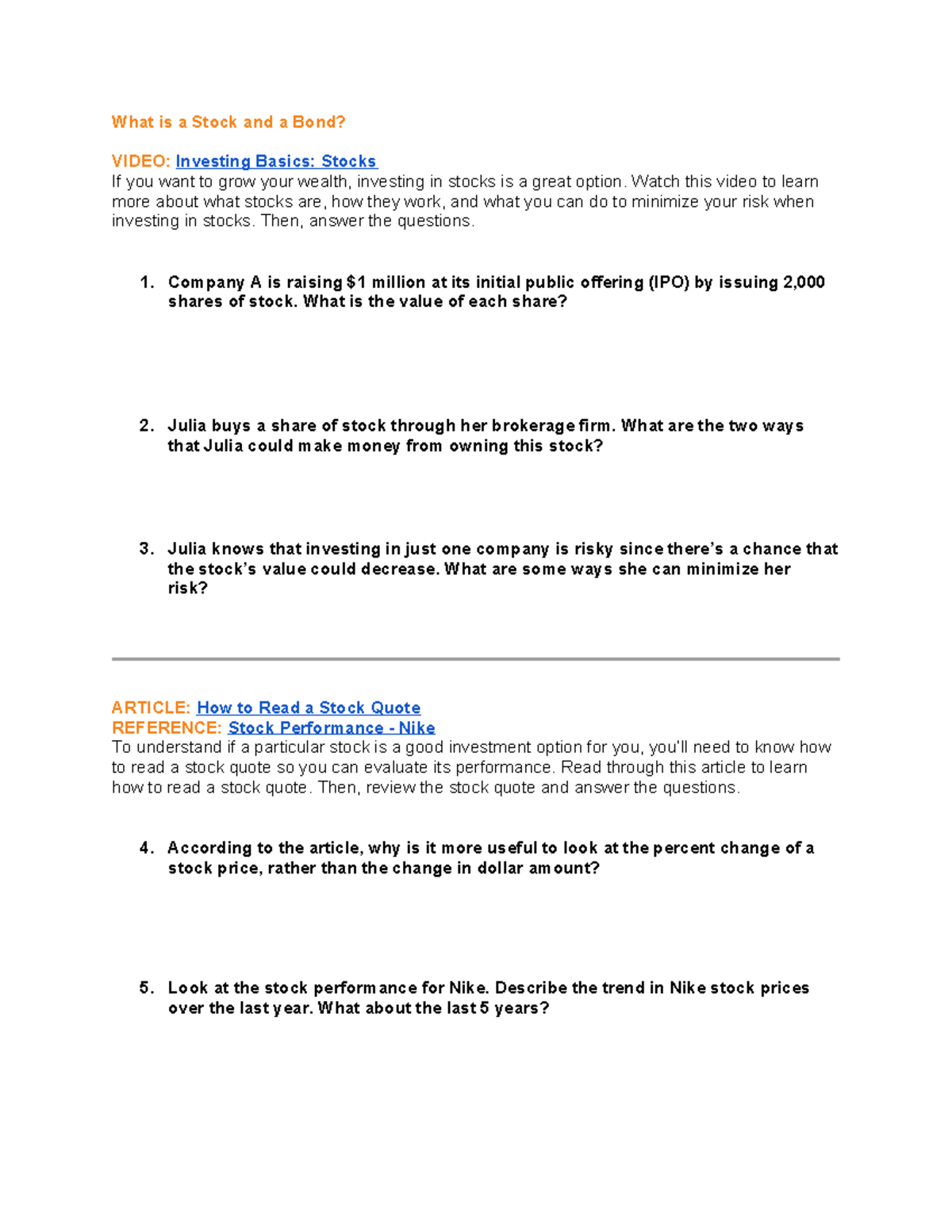 Worksheet What is a Stock and a Bond - What is a Stock and a Bond ...