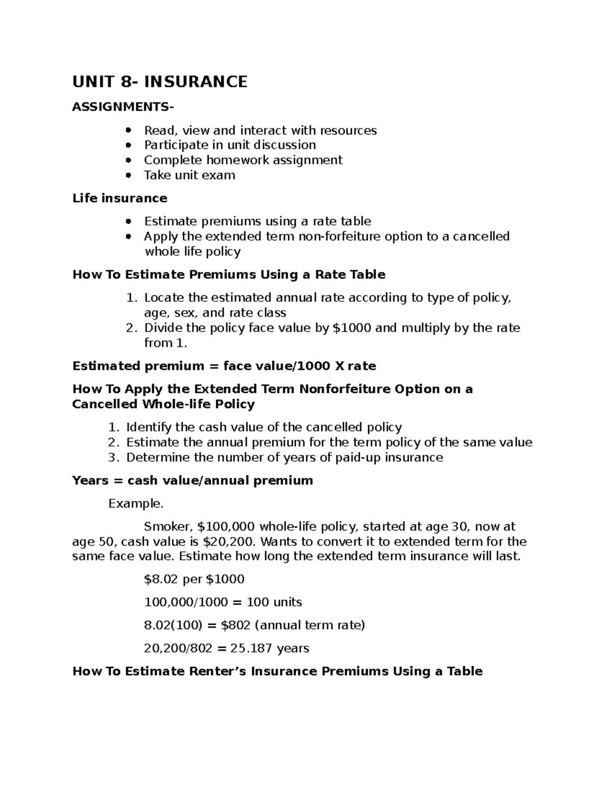 UNIT 8- insurance - Lecture notes 8 - UNIT 8- INSURANCE ASSIGNMENTS ...