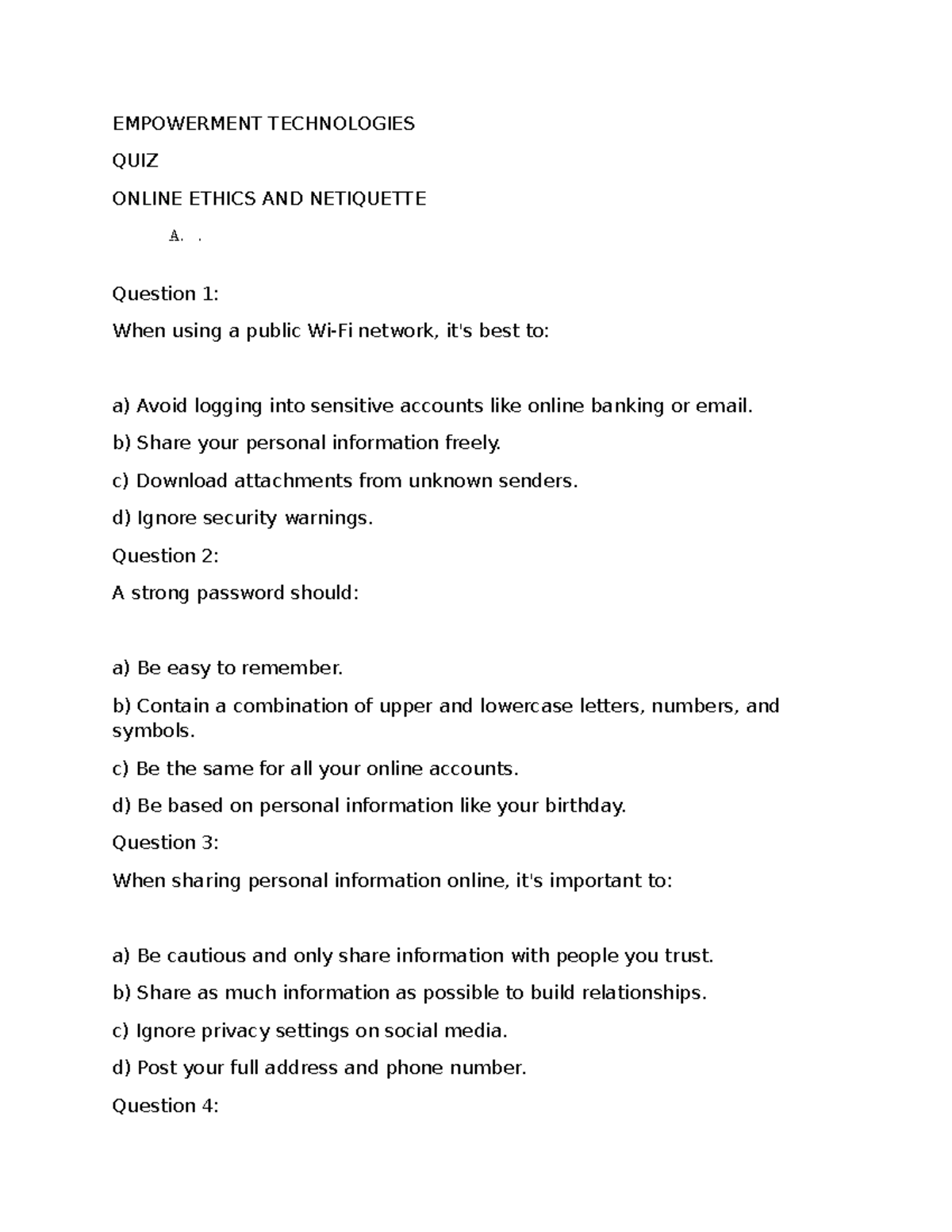 QUIZ Collection ON Onlin Ethics - EMPOWERMENT TECHNOLOGIES QUIZ ONLINE ...