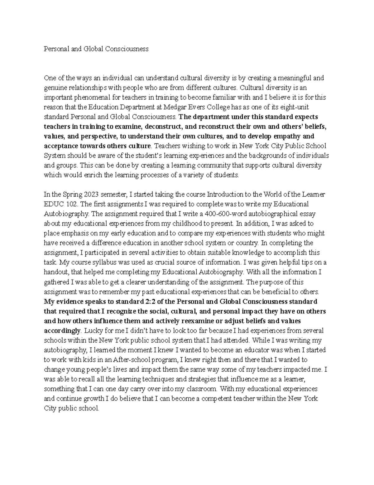 Personal and Global Consciousness Reflective Essay - Personal and ...