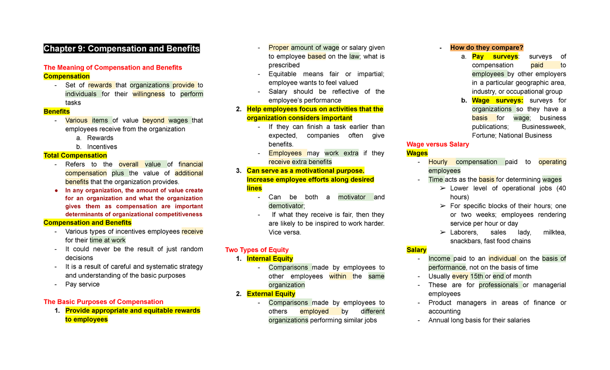 Human Resource Management Chapter 9 Reviewer - Chapter 9: Compensation ...