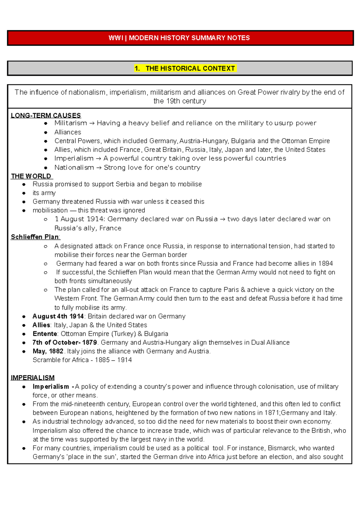 WWI Modern History Notes - WWI | MODERN HISTORY SUMMARY NOTES 1. THE ...