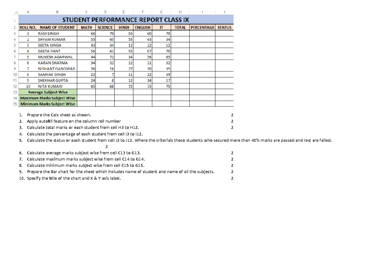 IX TERM I Practical Paper - Calculate the percentage of each student ...