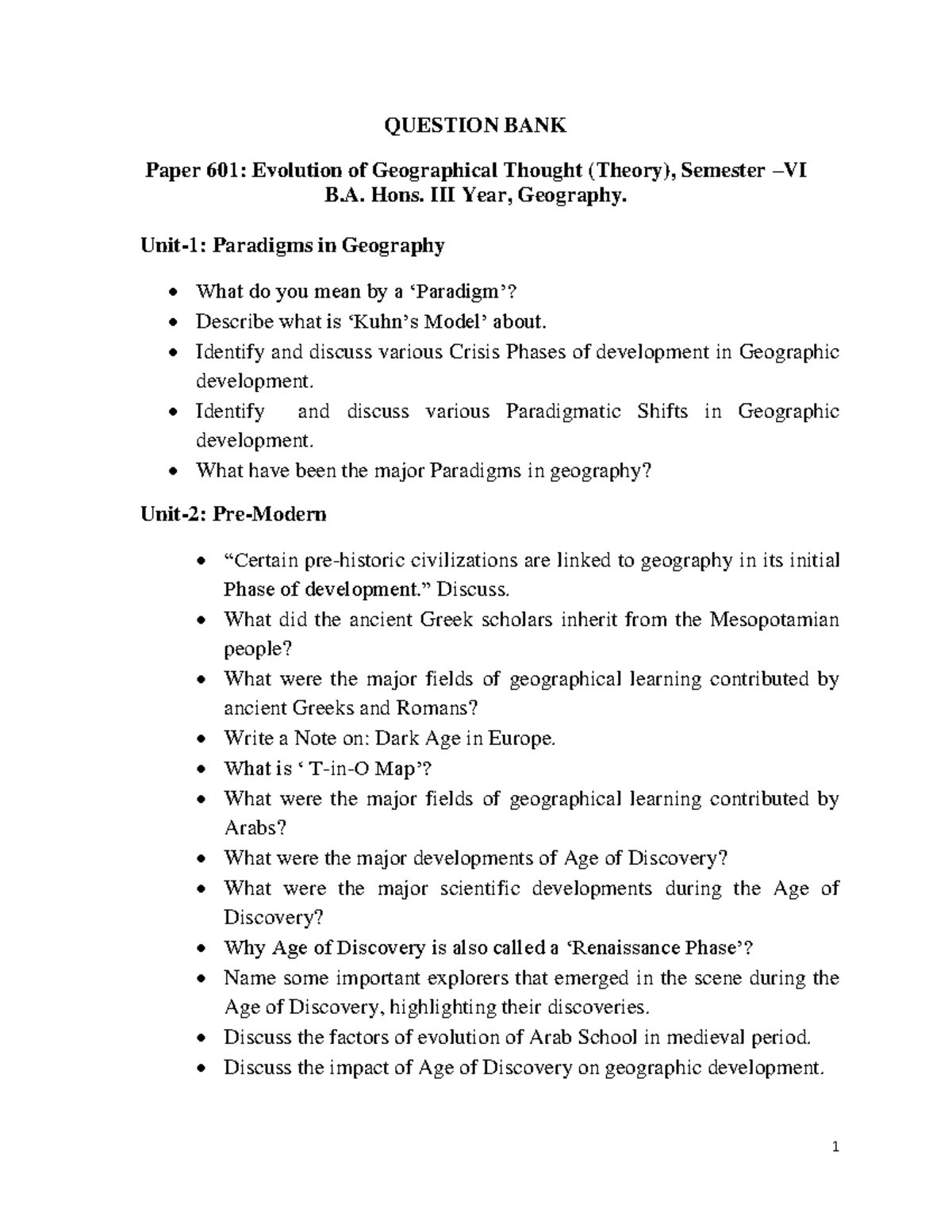 Question bank Evolution of Geographical thought - QUESTION BANK Paper ...