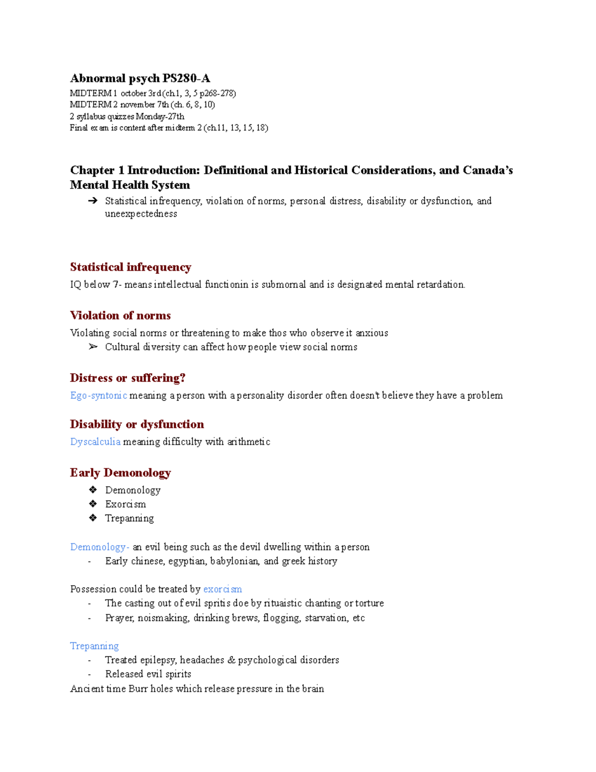 PS280 A - midterm 1 class notes - Abnormal psych PS280-A MIDTERM 1 ...