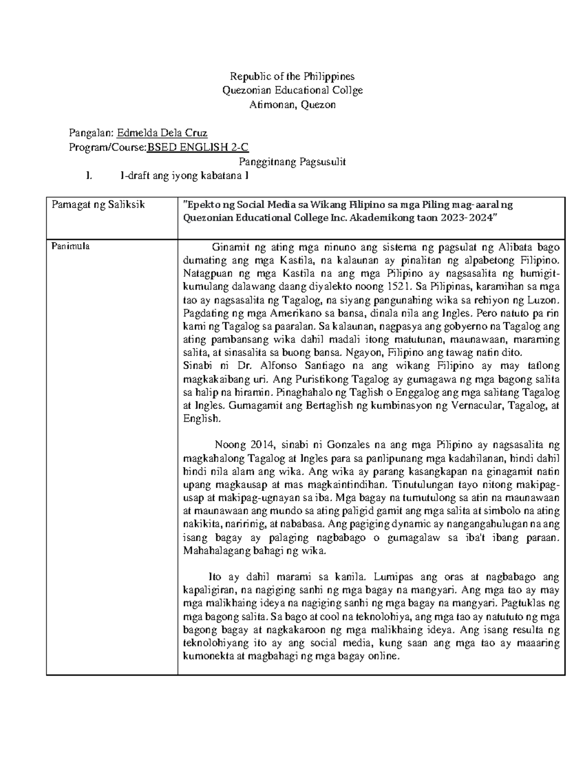 EDS- Panggitnang- Pagsusulit - Republic of the Philippines Quezonian ...