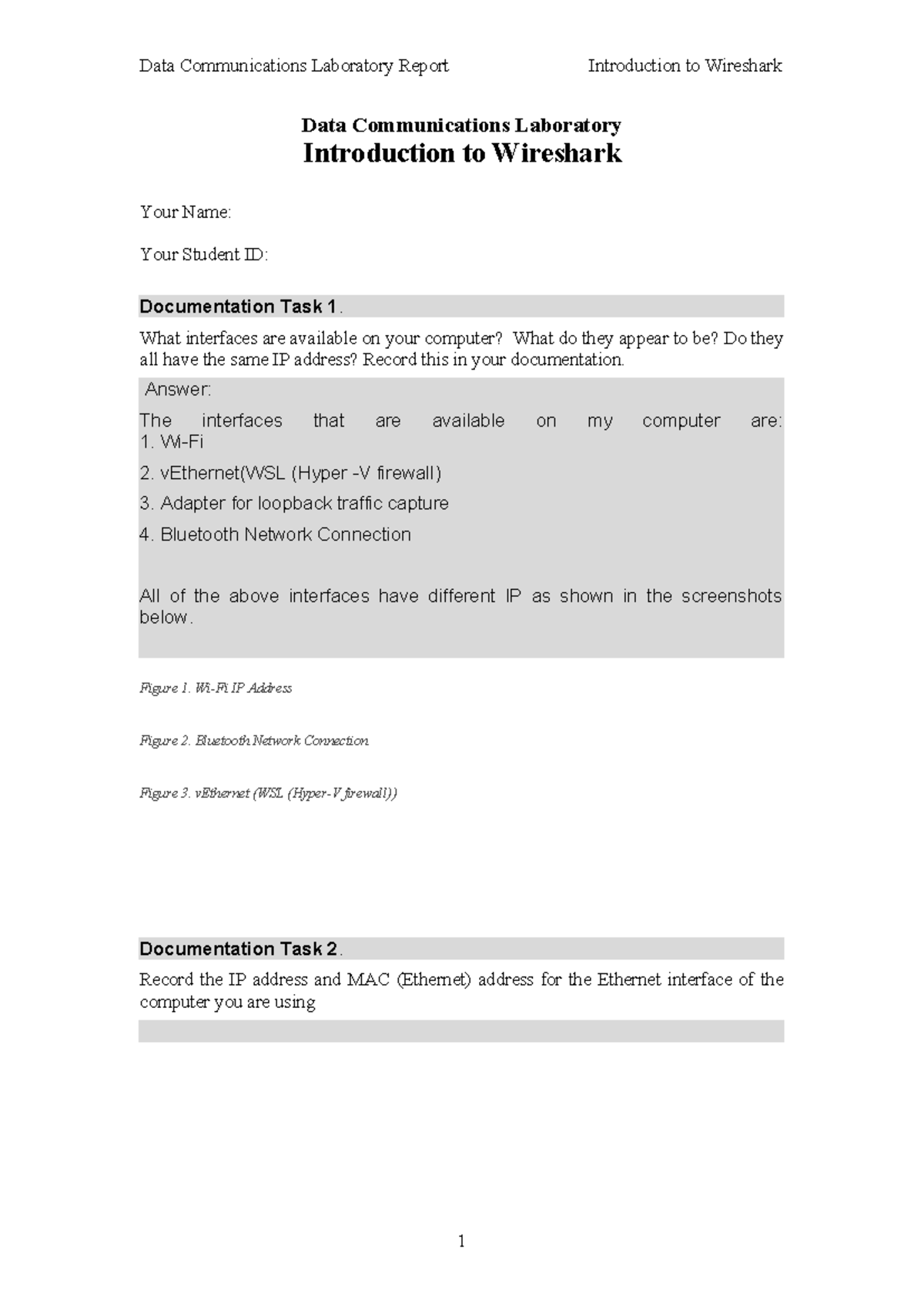Practical Intoduction To Wireshark Documentation Template Data Communications Laboratory