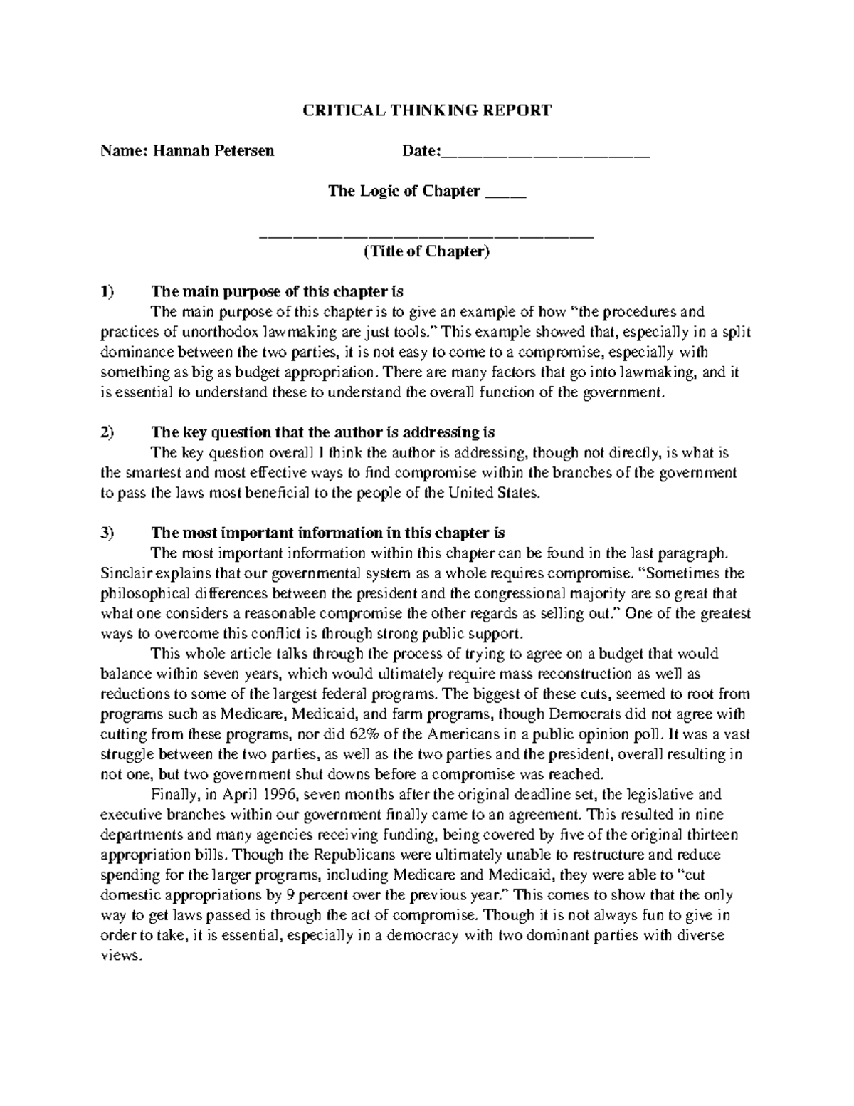 CTR 7 - CTR - CRITICAL THINKING REPORT Name: Hannah Petersen Date