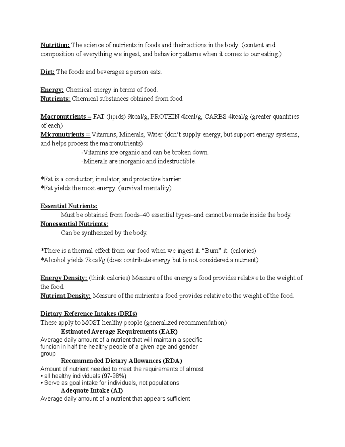 EXAM 1 Lecture Notes - Nutrition: The science of nutrients in foods and ...
