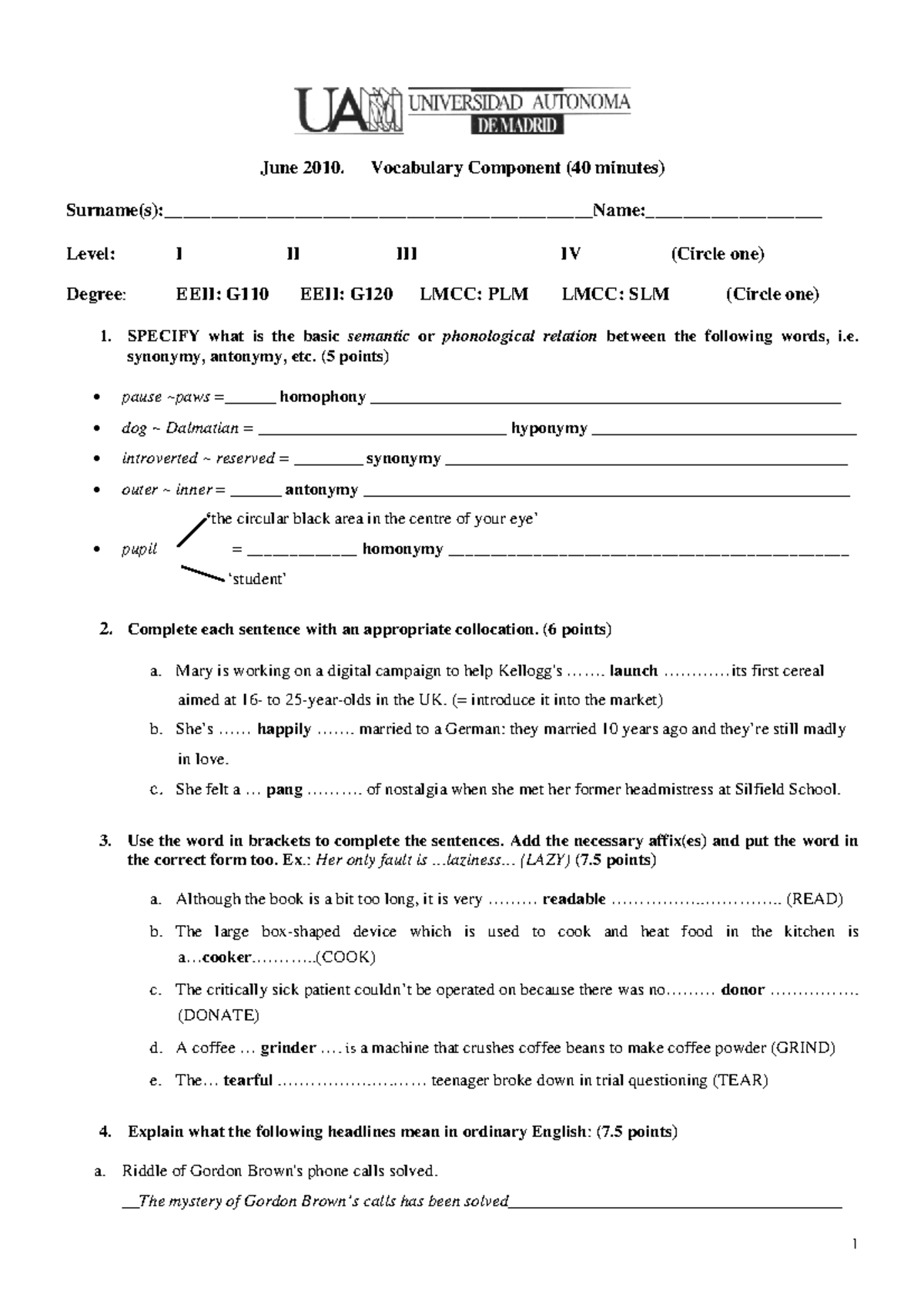 Examen Vocabulario 2010 con respuestas.pdf - 1 June 2010. Vocabulary ...