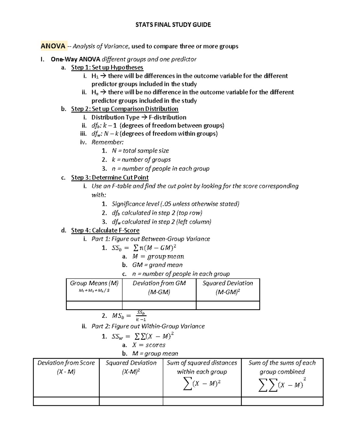 Stats Final Exam Study Guide - ANOVA - Analysis of Variance , used to ...