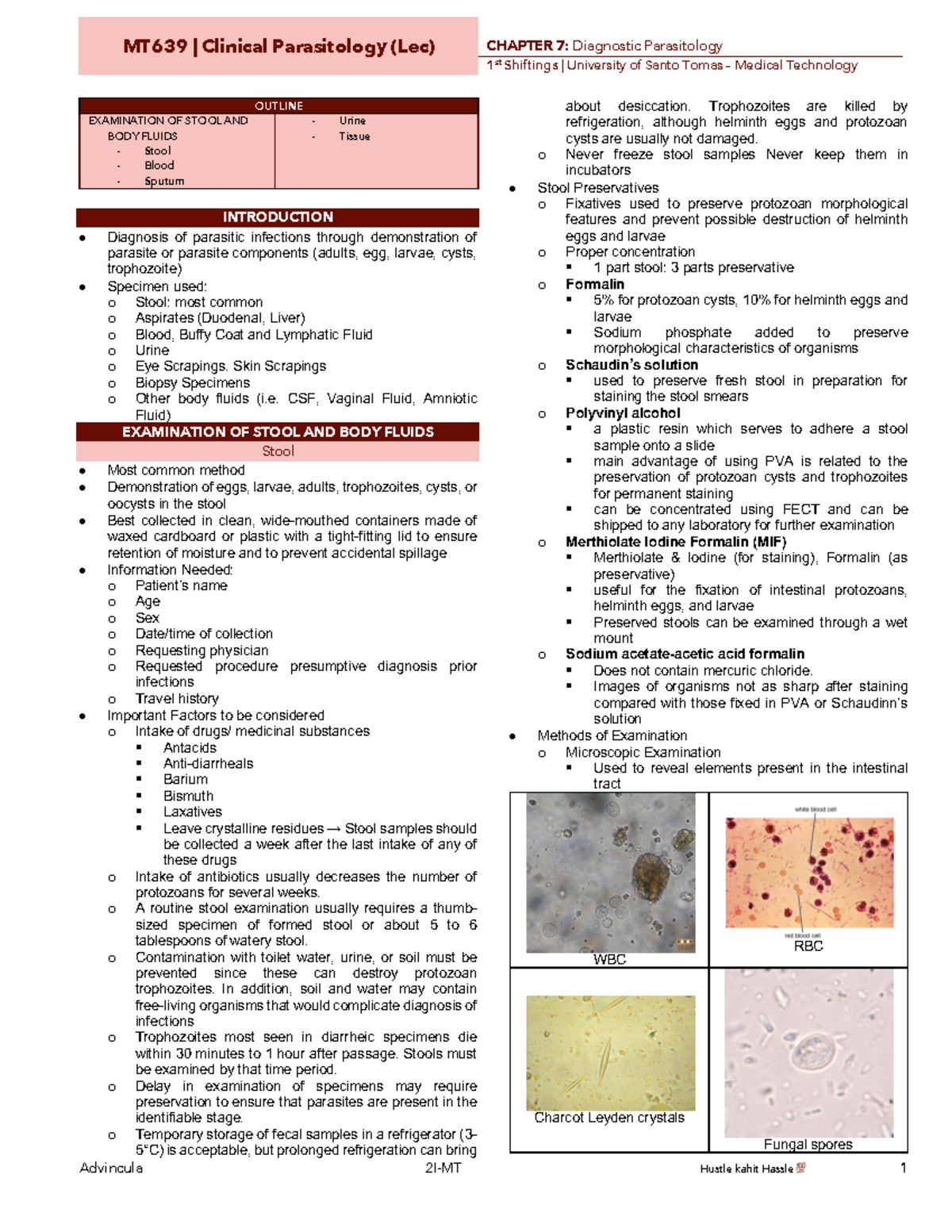 Parasitology - Lec 7 - Diagnostic Parasitology - 1 st Shiftings ...