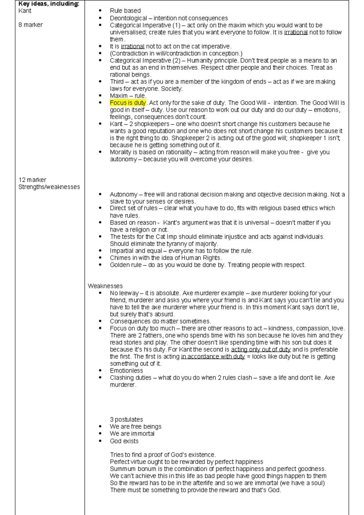 Kant summary - Key ideas, including: Kant 8 marker 12 marker Strengths ...