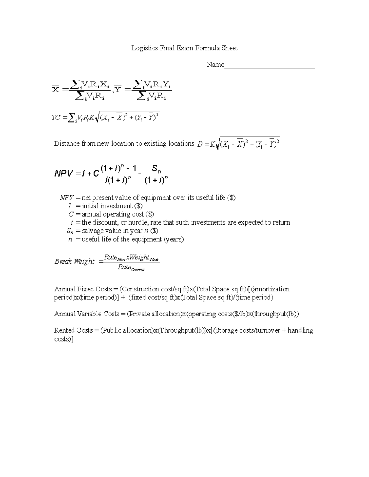 Formula Sheet Final Spring 2015 - Logistics Final Exam Formula Sheet ...