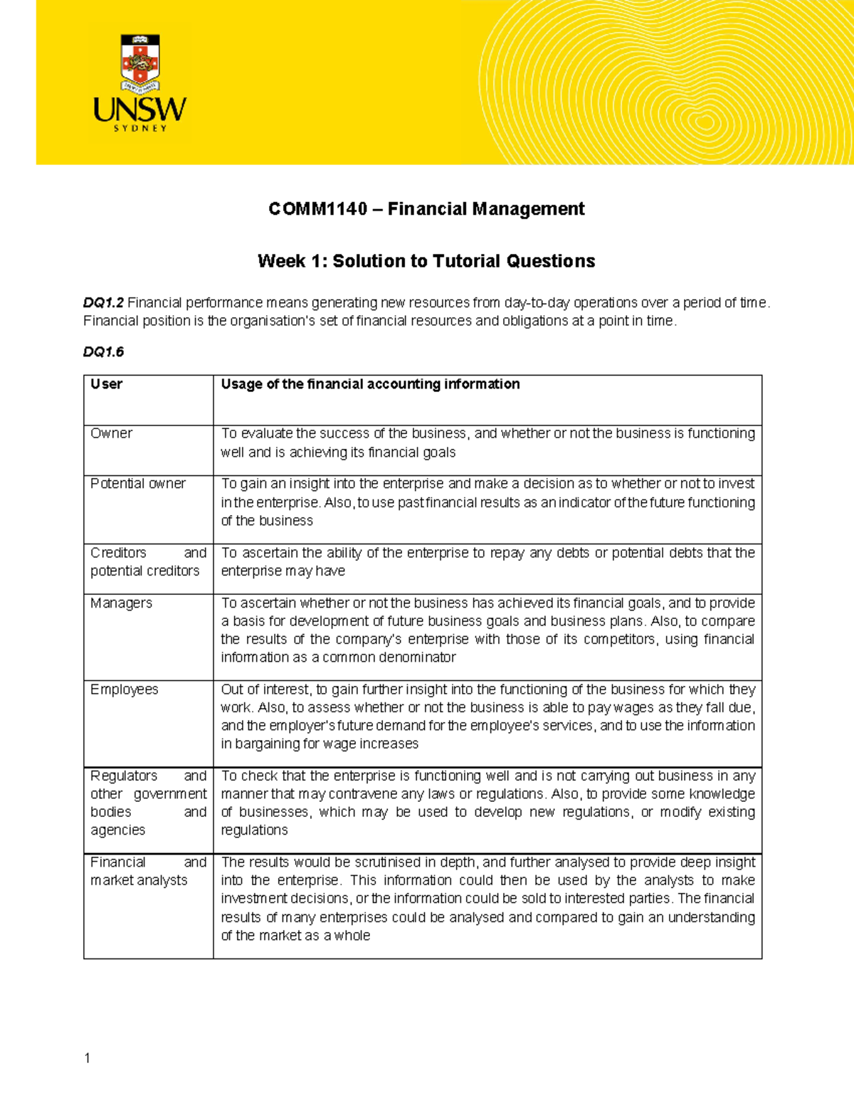 Week 1. Tutorial Questions - 1 COMM1140 – Financial Management Week 1: Solution to Tutorial ...