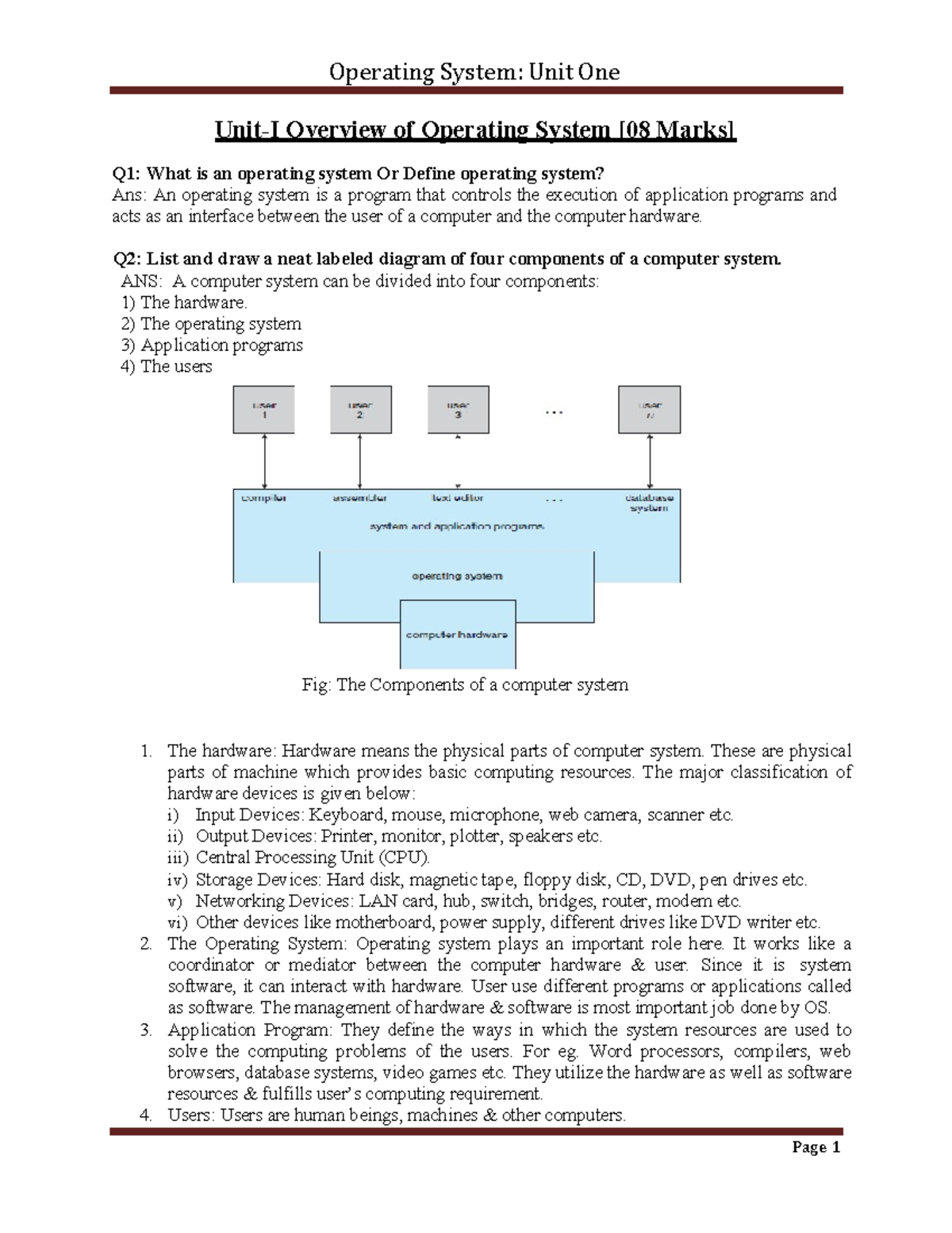 OSY1 UNIT( Msbte) - Page 1 Unit-I Overview of Operating System [08 Marks] Q1: What is an ...