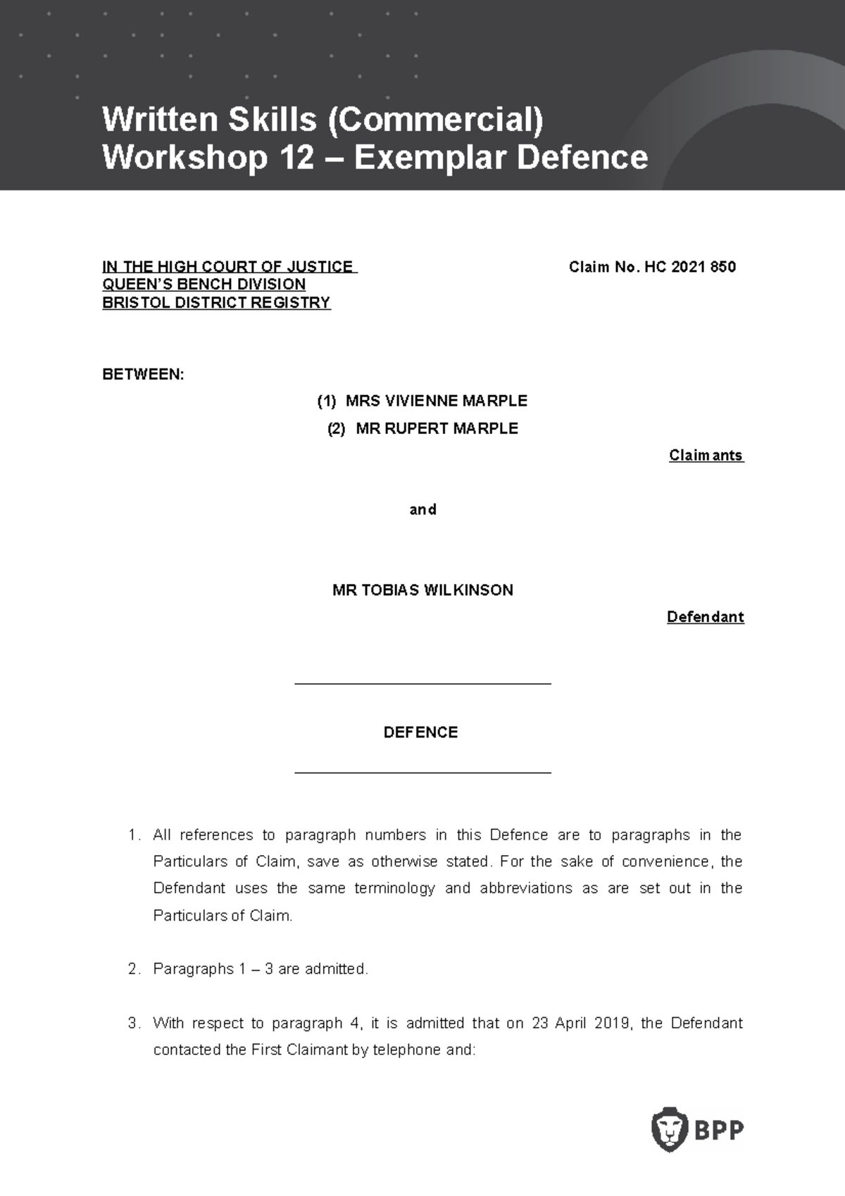 Exemplar Defence (Drafting) - BPP - Studocu