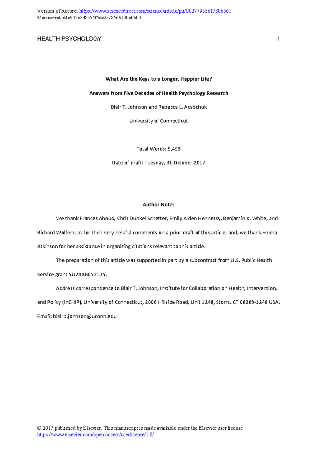 Johnson Acabchuk Unit 1 - HEALTH PSYCHOLOGY 1 What Are the Keys to a ...