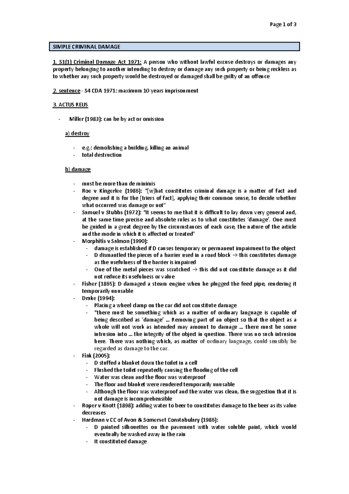 Criminal Damage - notes and questions - Page 1 of 3 SIMPLE CRIMINAL ...