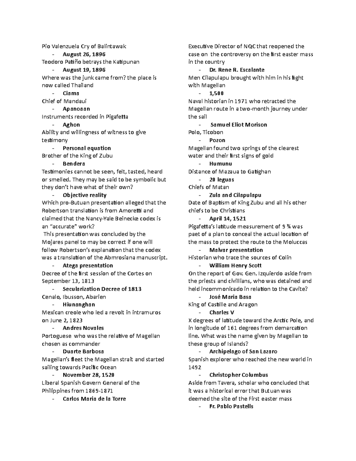 History of Colonial Philippines Reviewer - Pio Valenzuela Cry of ...