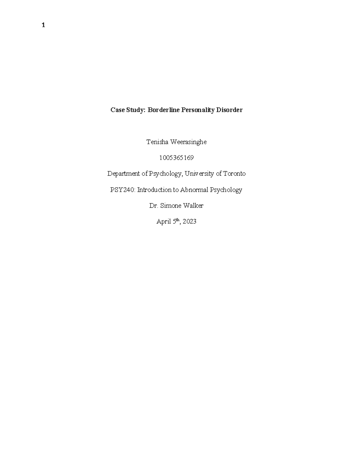 Psy240 BPD Case Study 1005365169 - Case Study: Borderline Personality ...