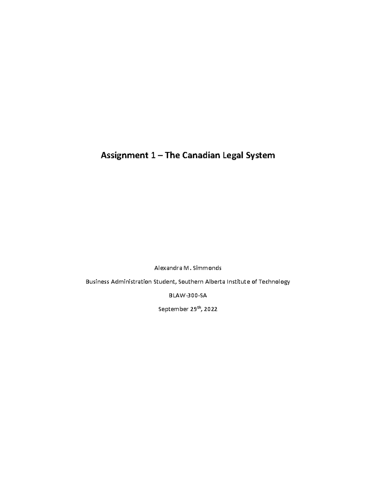 Assignment 1- The Canadian Legal System Alexandra Simmonds - Assignment ...