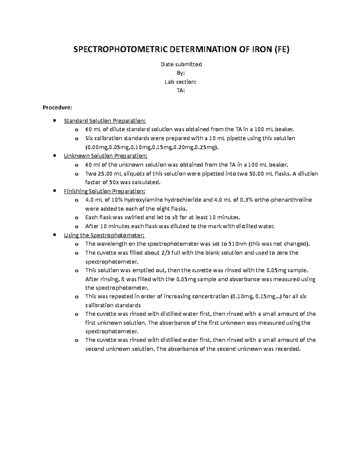 FE Short Report - SPECTROPHOTOMETRIC DETERMINATION OF IRON (FE) Date ...