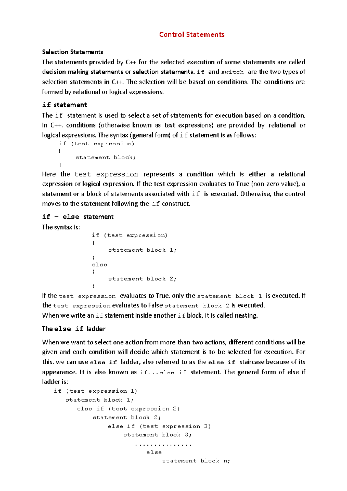 Control Statements - Chapter 7: Control Statements Selection Statements ...