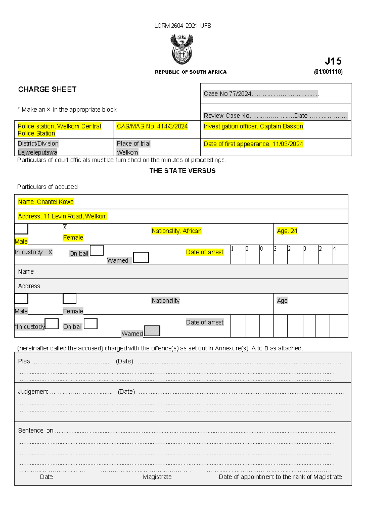Separate J15 - j 15 form, filled - LCRM 2604 2021 UFS 1 J REPUBLIC OF SOUTH AFRICA (81/801118 ...