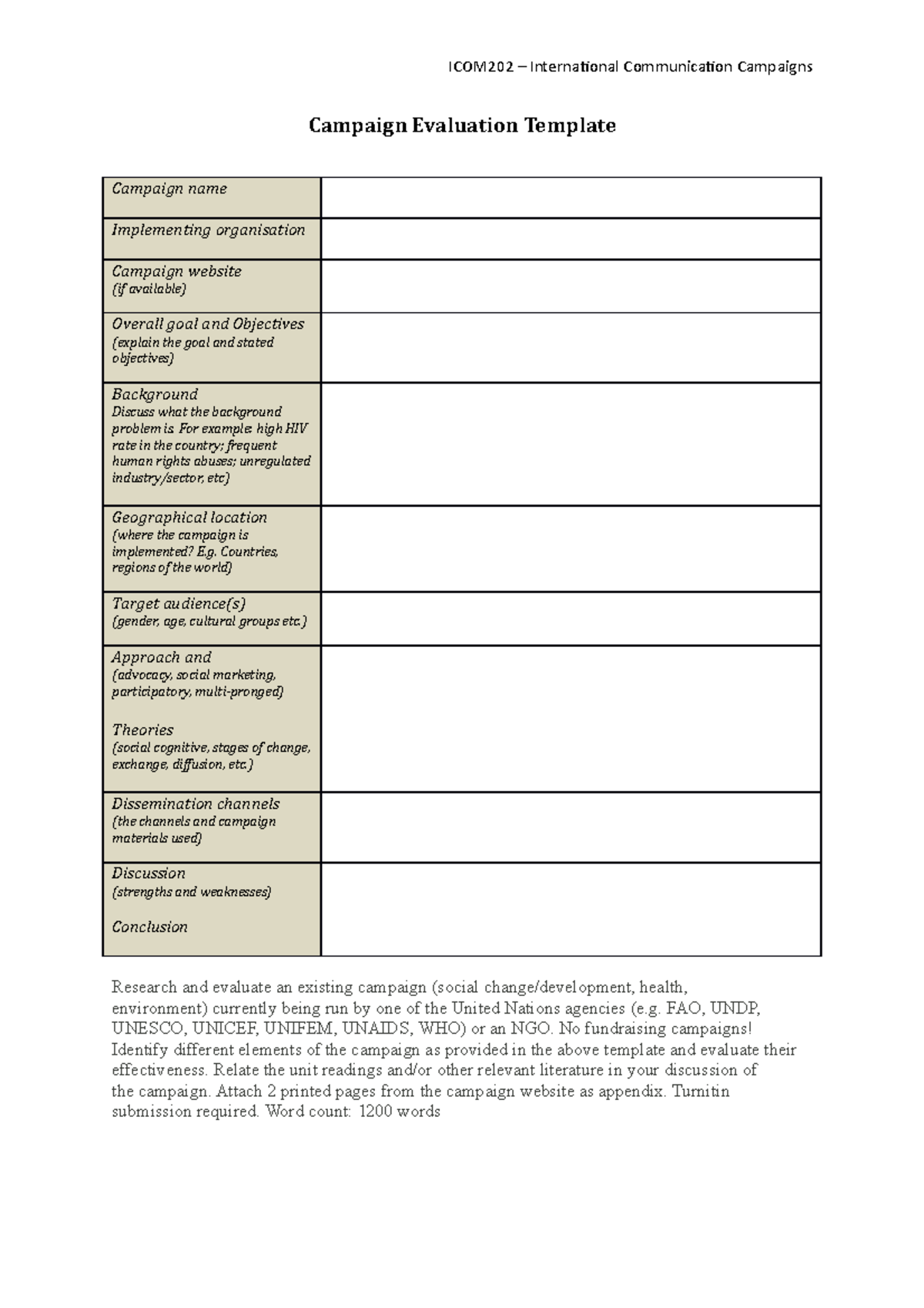 Campaign Evaluation Template 1 - ICOM202 – International Communication ...