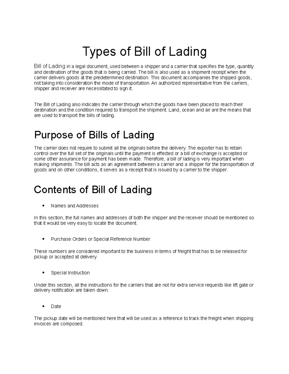 Types-of-BL - Vjkkc - Types of Bill of Lading Bill of Lading in a legal ...